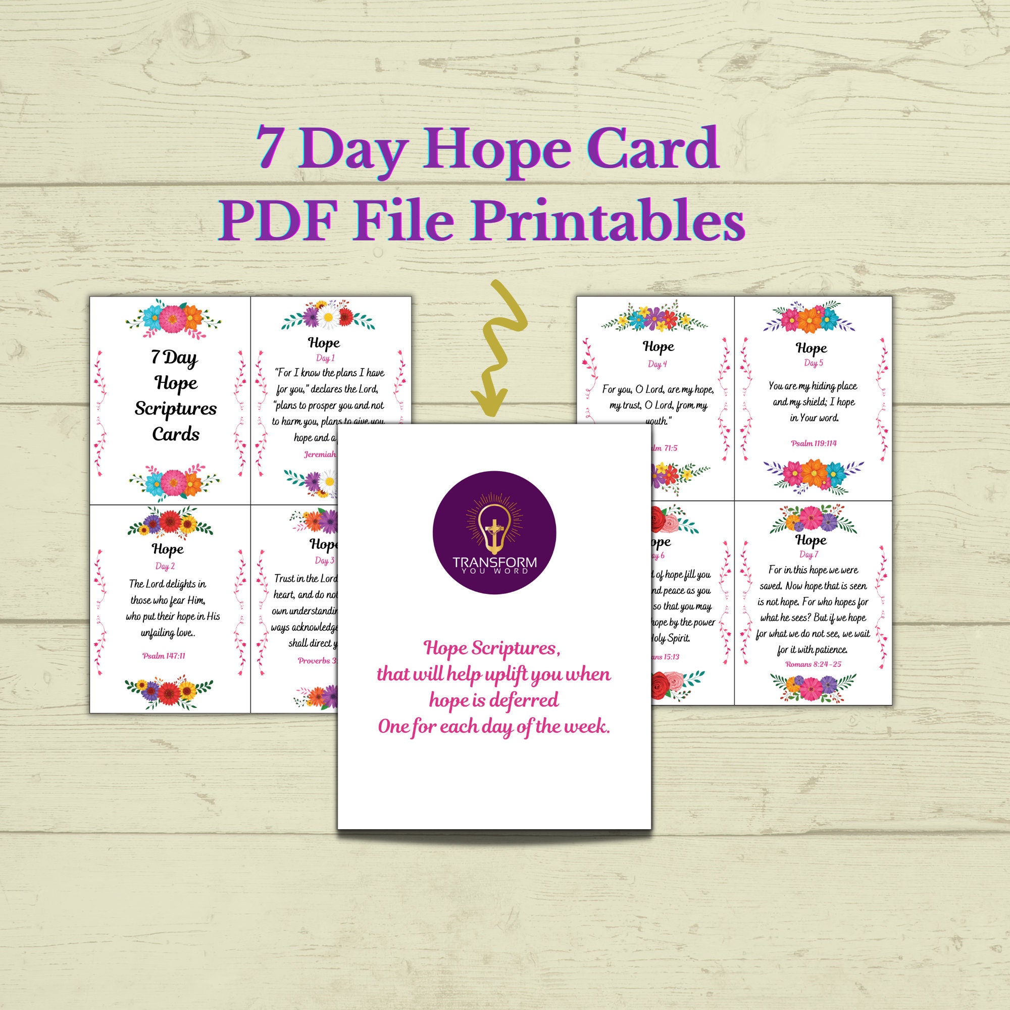 Digital Set of 7 Hope Cards, Themed Bible Verses, 4.3x5.5" Cards ...