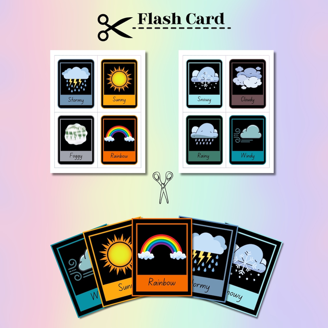 WEATHER Printable Flash Cards for Kids, Weather Flashcards Watercolor ...