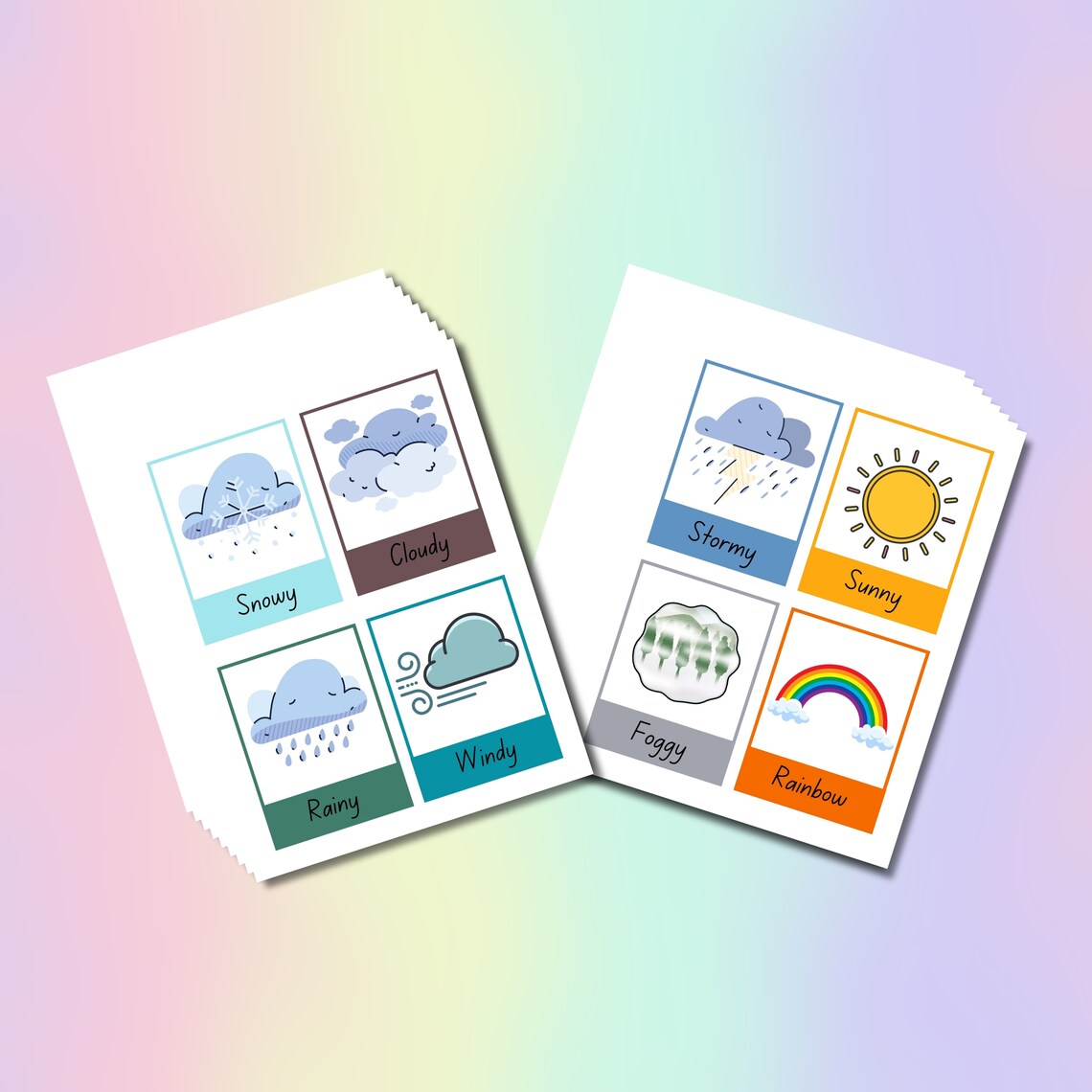 WEATHER Printable Flash Cards for Kids, Weather Flashcards Watercolor ...