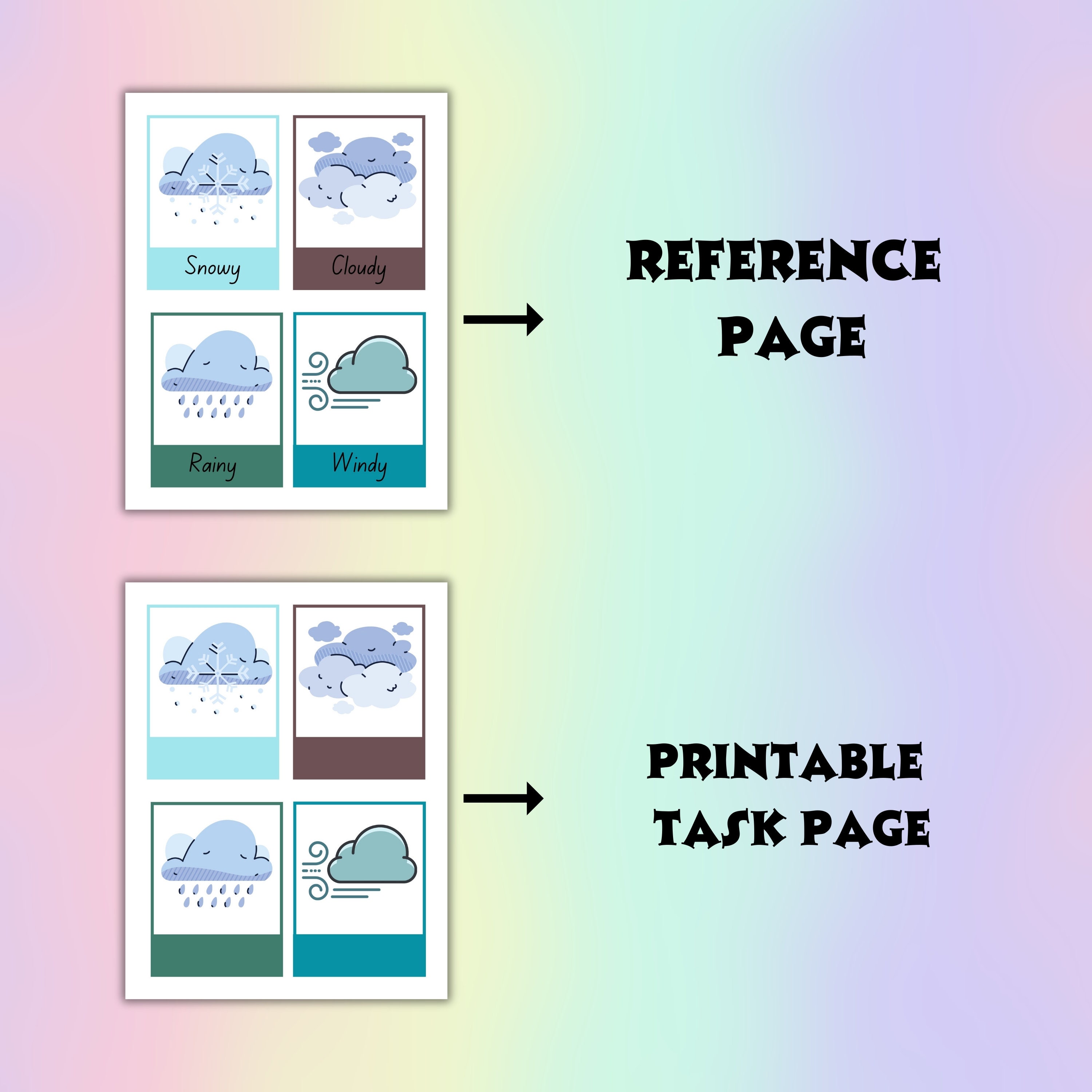 WEATHER Printable Flash Cards for Kids, Weather Flashcards Watercolor ...