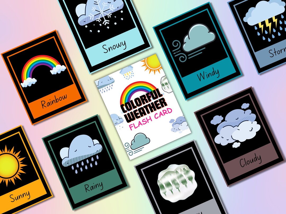 WEATHER Printable Flash Cards for Kids, Weather Flashcards Watercolor ...
