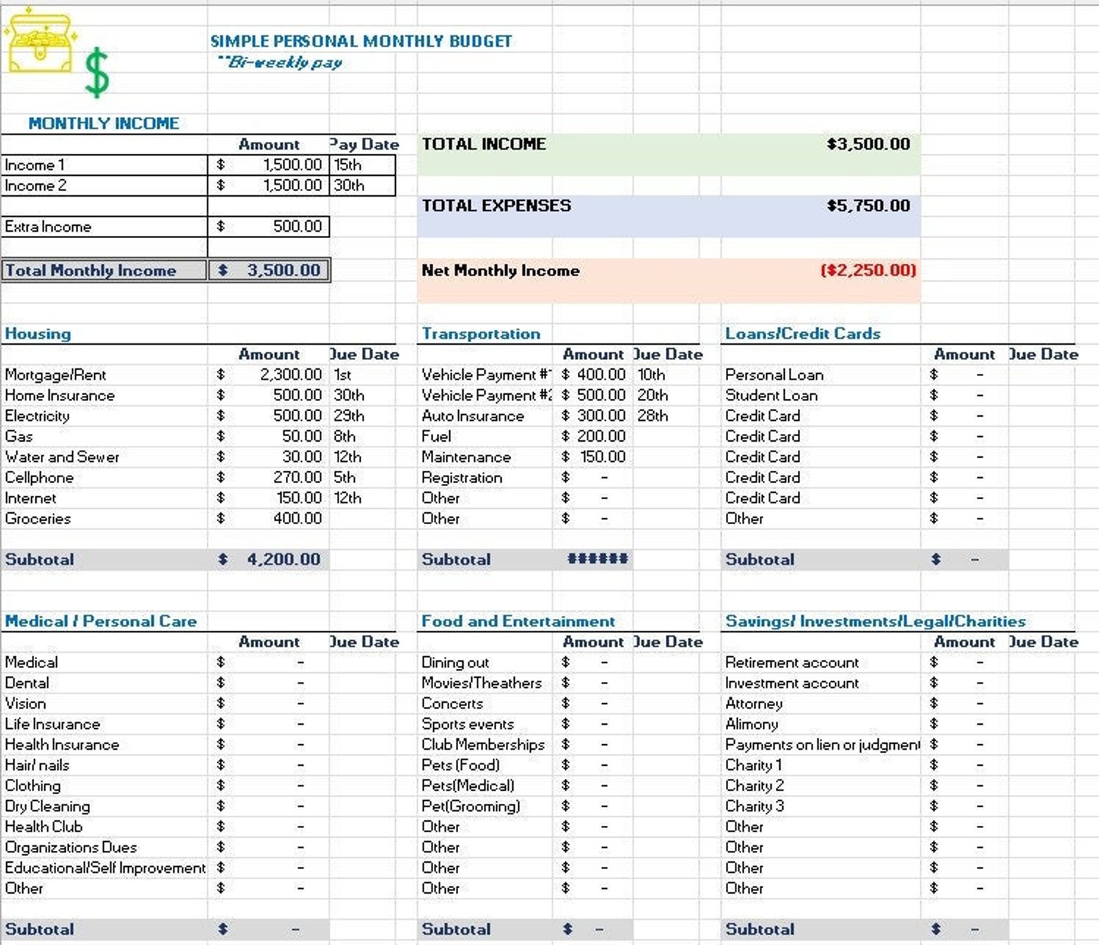Simple Personal Monthly Budget Template Excel Spreadsheet - Etsy