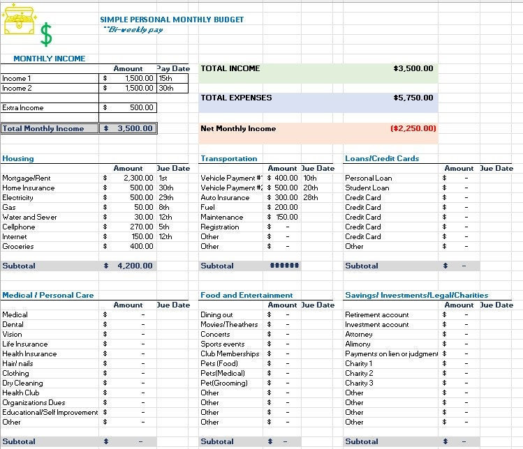 Simple Personal Monthly Budget Template Excel Spreadsheet - Etsy