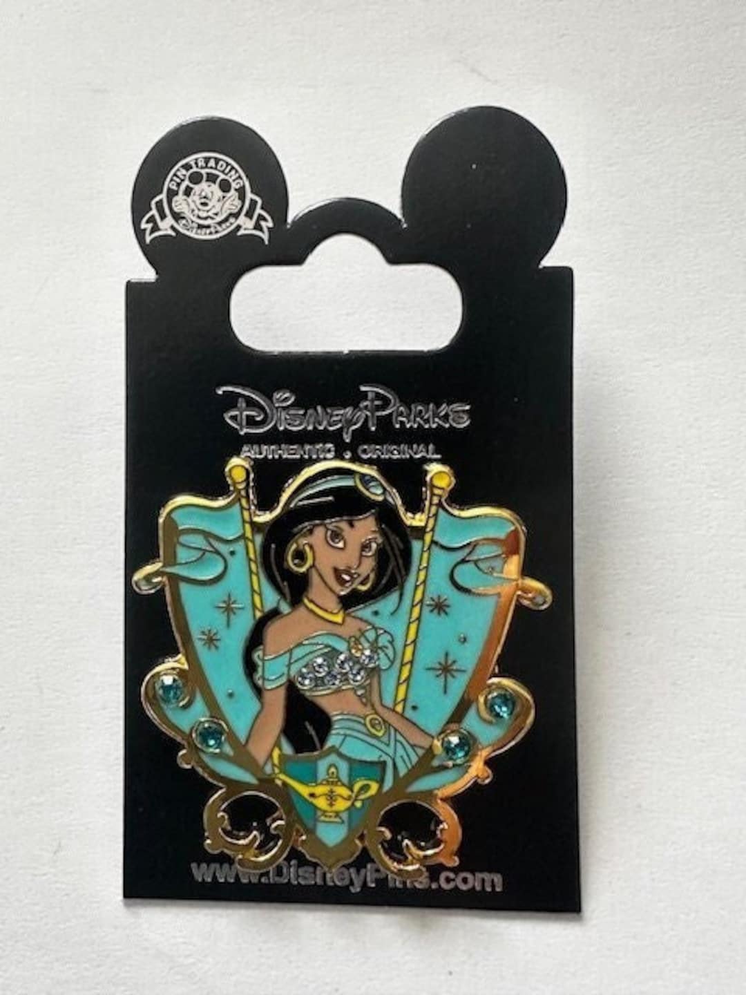 Disney Pin Jasmine Shield Pin Princess Aladdin Blue Outfit Jeweled Pin ...