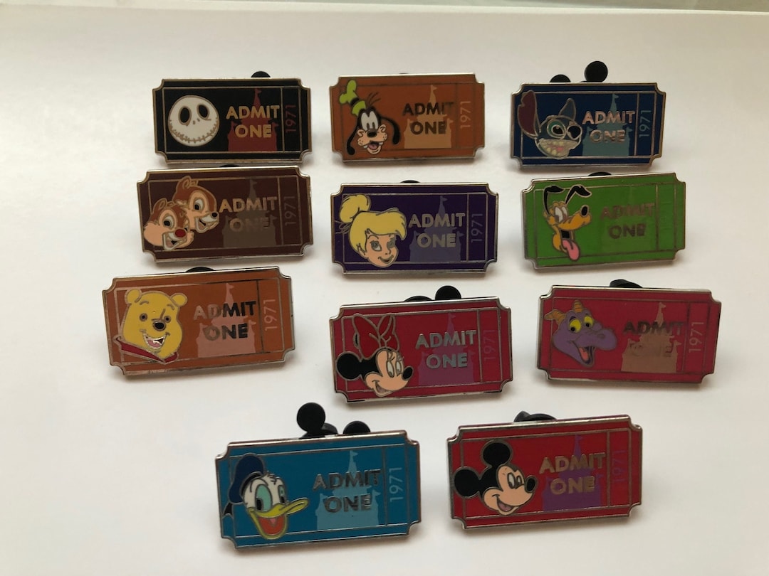 Disney Ticket Pin Set 11 Pins Admit One Tickets 1971 11 Pins Mickey Minnie Goofy Stitch Jack