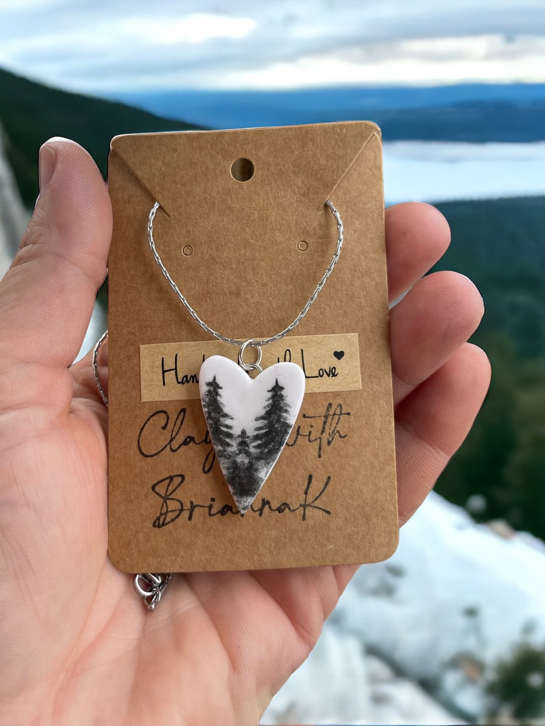 Heart Pine Tree Landscape Polymer Clay Necklace Nature Trees Outdoors ...