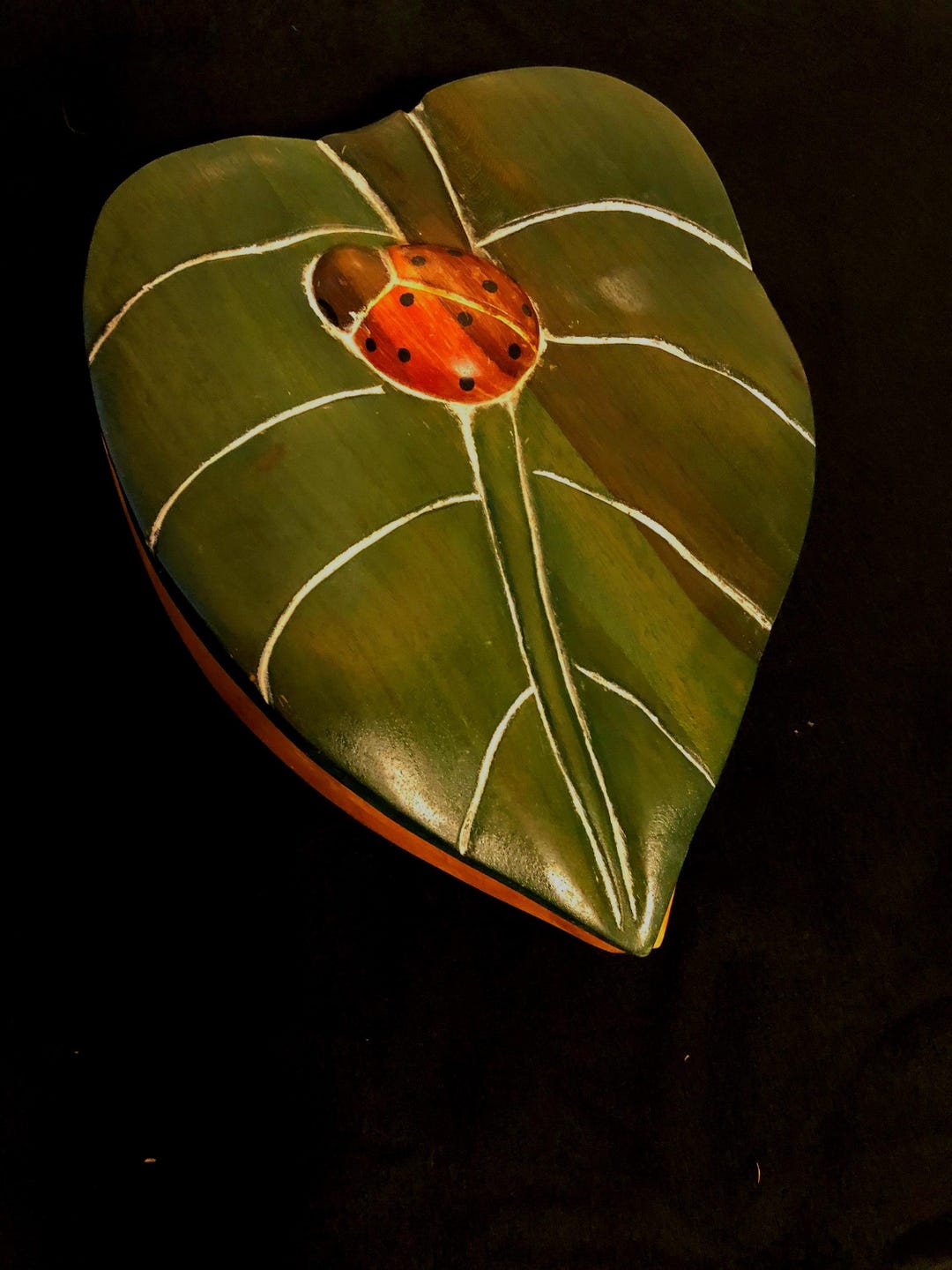 Folk Art Ladybug Hand Carved Wooden Treasure Box: Leaf With Ladybug ...