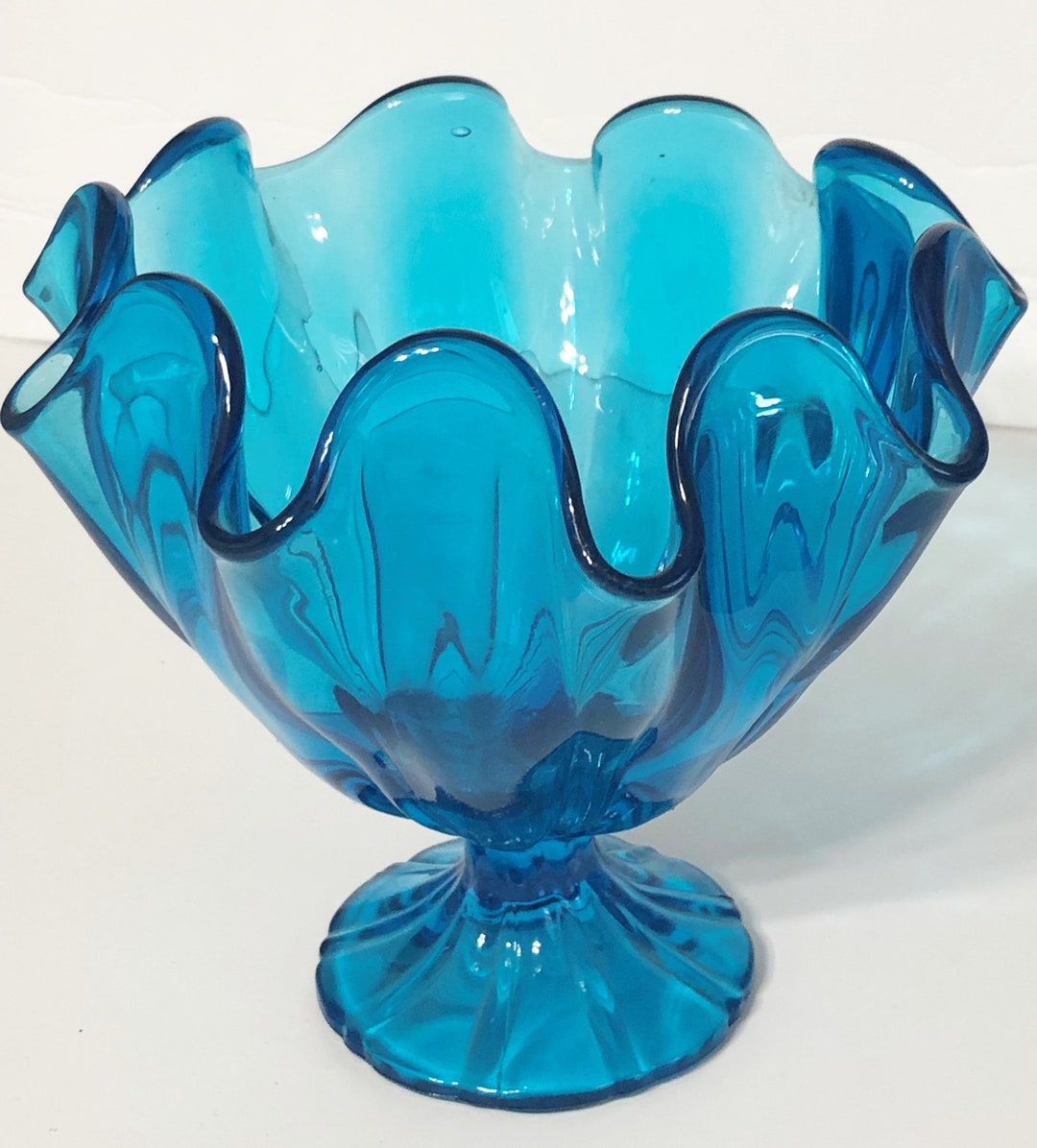 Peacock Blue Footed Compote Scalloped Edge Mid Century L E Smith - Etsy
