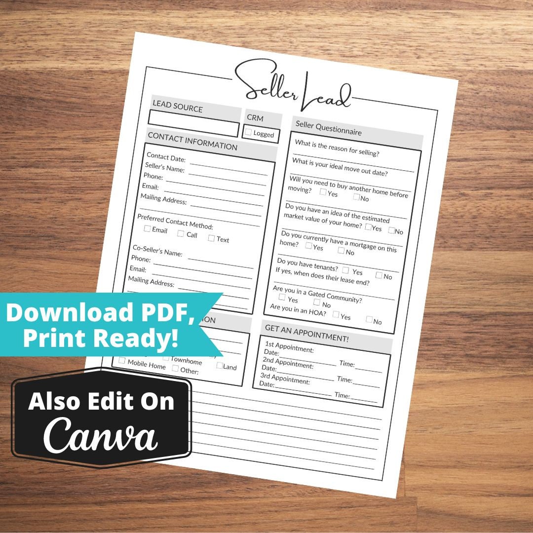 Real Estate Seller Listing Lead Sheet for Agents, Seller Questionnaire ...