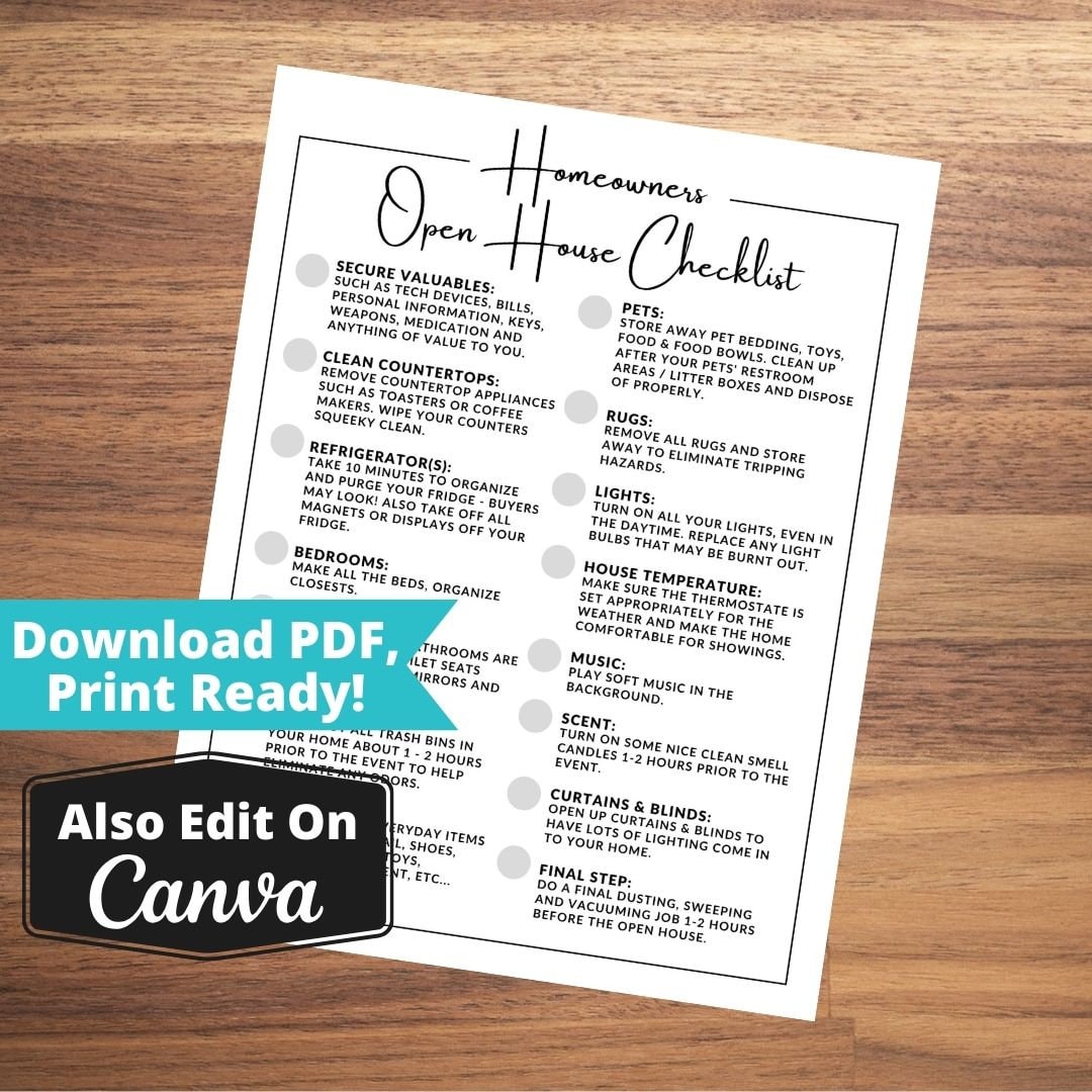 Homeowner Open House Checklist, Event Preparation List, Home Selling ...