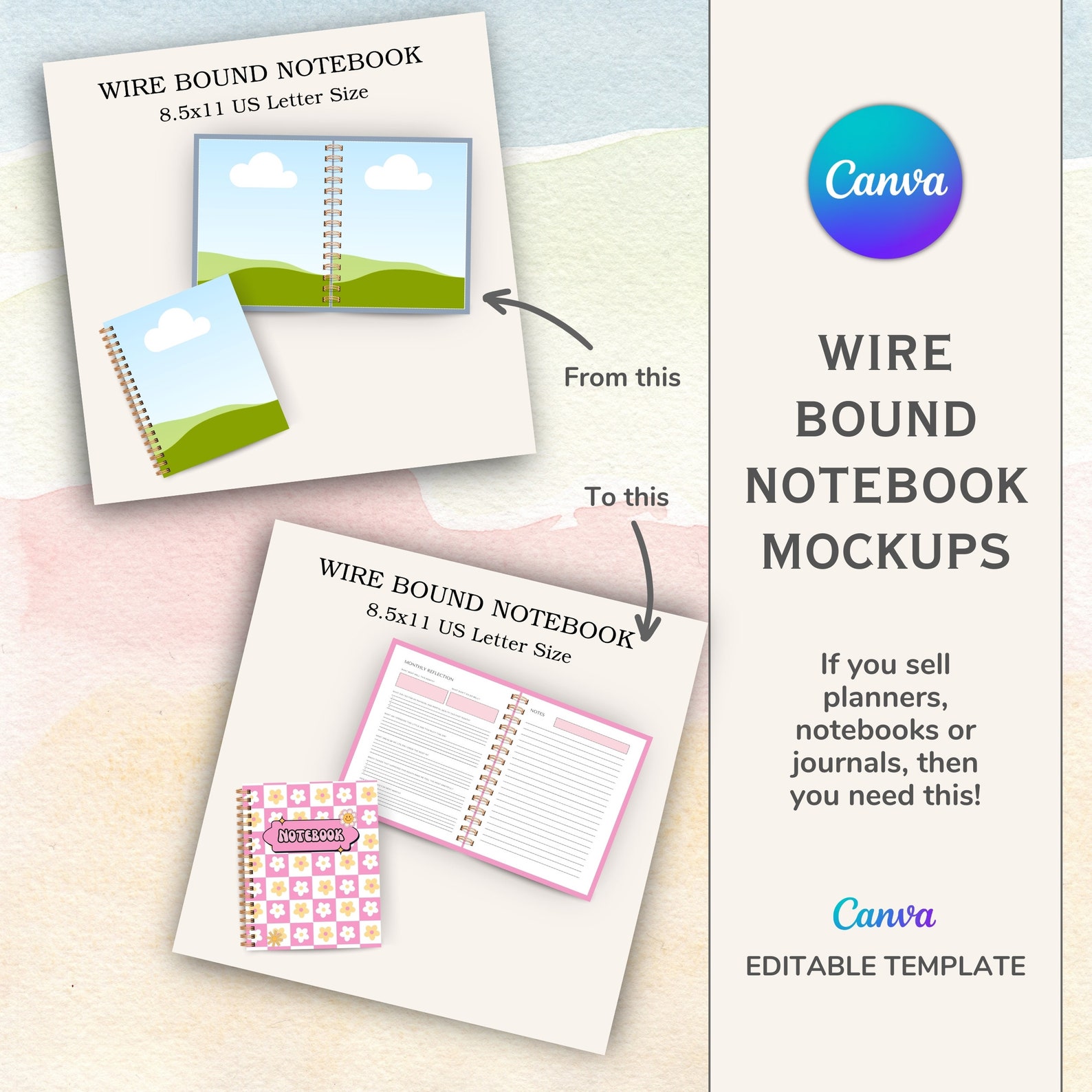 Canva Editable Wire Bound Notebook Mockups: Etsy Listing Templates (8 ...