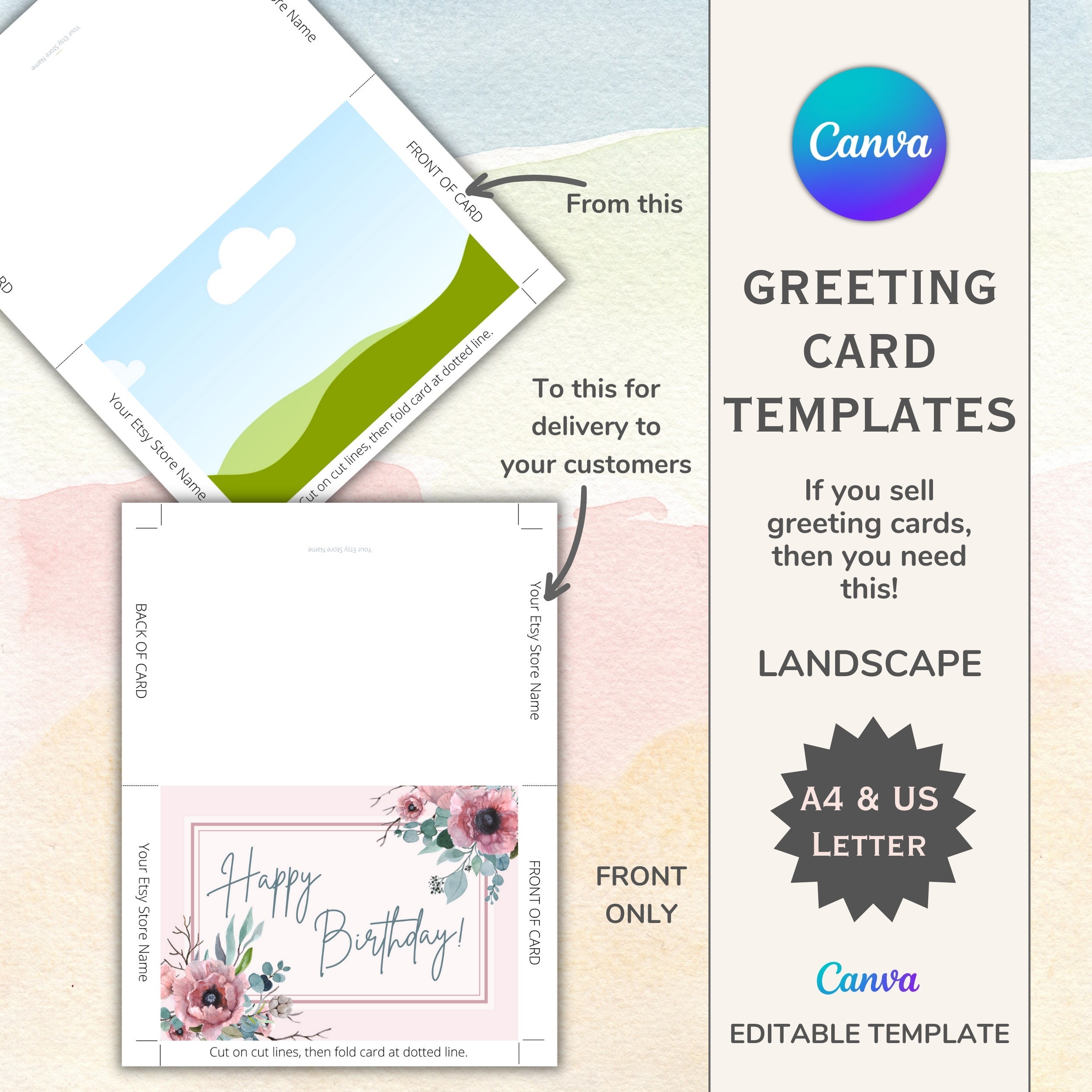 5x7 Greeting Card Template: Canva Editable, US Letter & A4 (digital ...