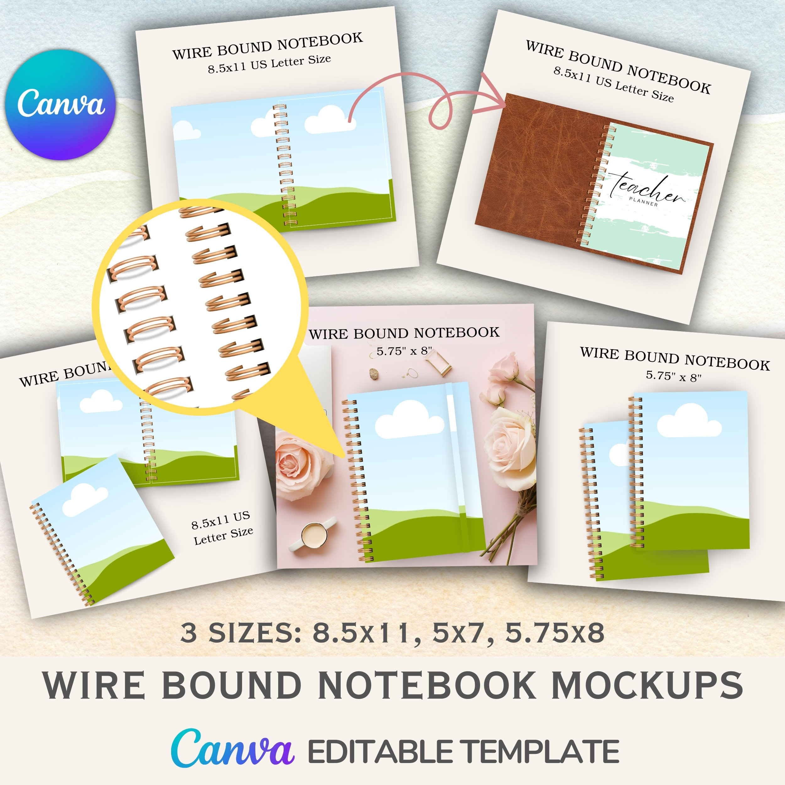 Canva Editable Wire Bound Notebook Mockups: Etsy Listing Templates (8 ...