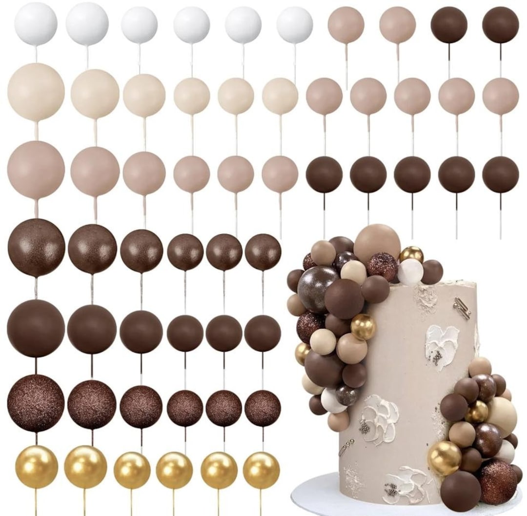32/56pcs Mini Cake Toppers Brown, Gold and White Foam Balls Cake ...
