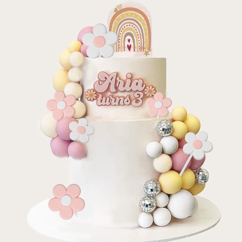 Pastel Cake Toppers: Floral & Disco Ball Decoration Set - Etsy