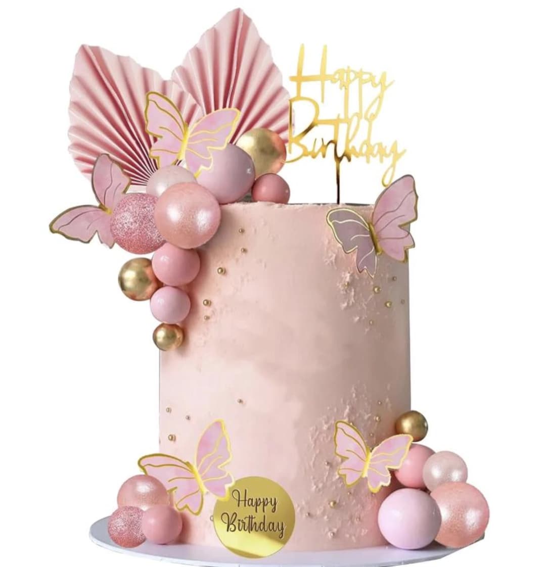27pcs Mini Cake Toppers Light Pink and Glimmer Gold, Butterfly Foam ...