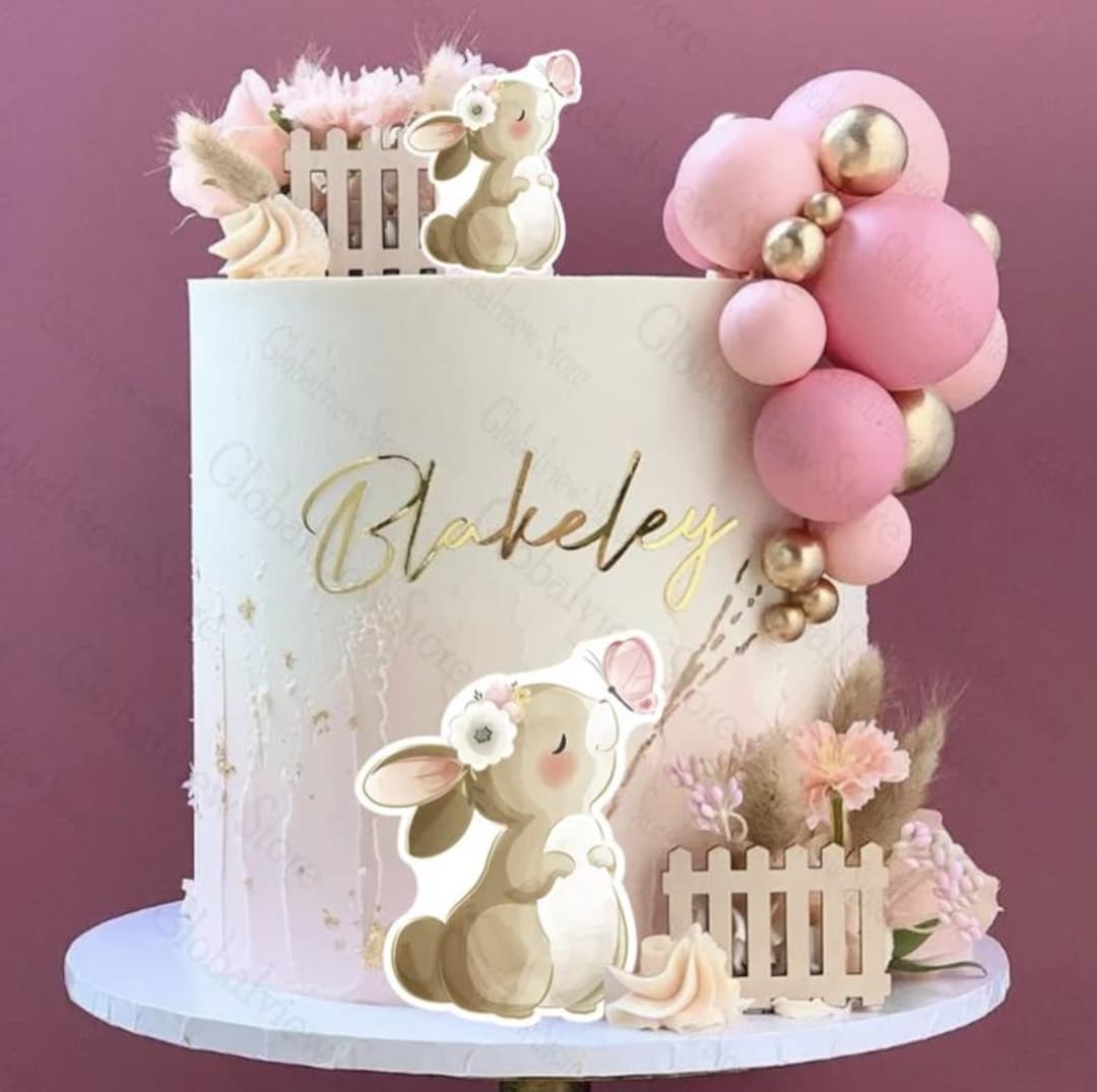 43pcs Mini Cake Toppers Pastel Pink and Gold Foam Balls and Cute Bunny ...
