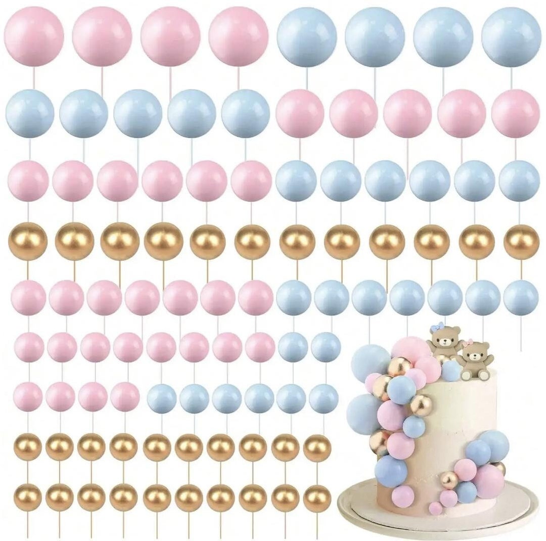 68pcs Mini Cake Toppers Baby Pink, Baby Blue, Gold and White Foam Balls ...