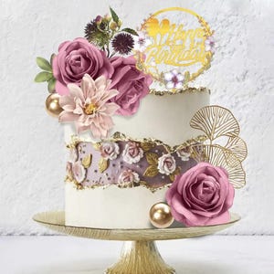 Floral Cake Topper Set: Pink, Purple & Gold Birthday Decorations - Etsy