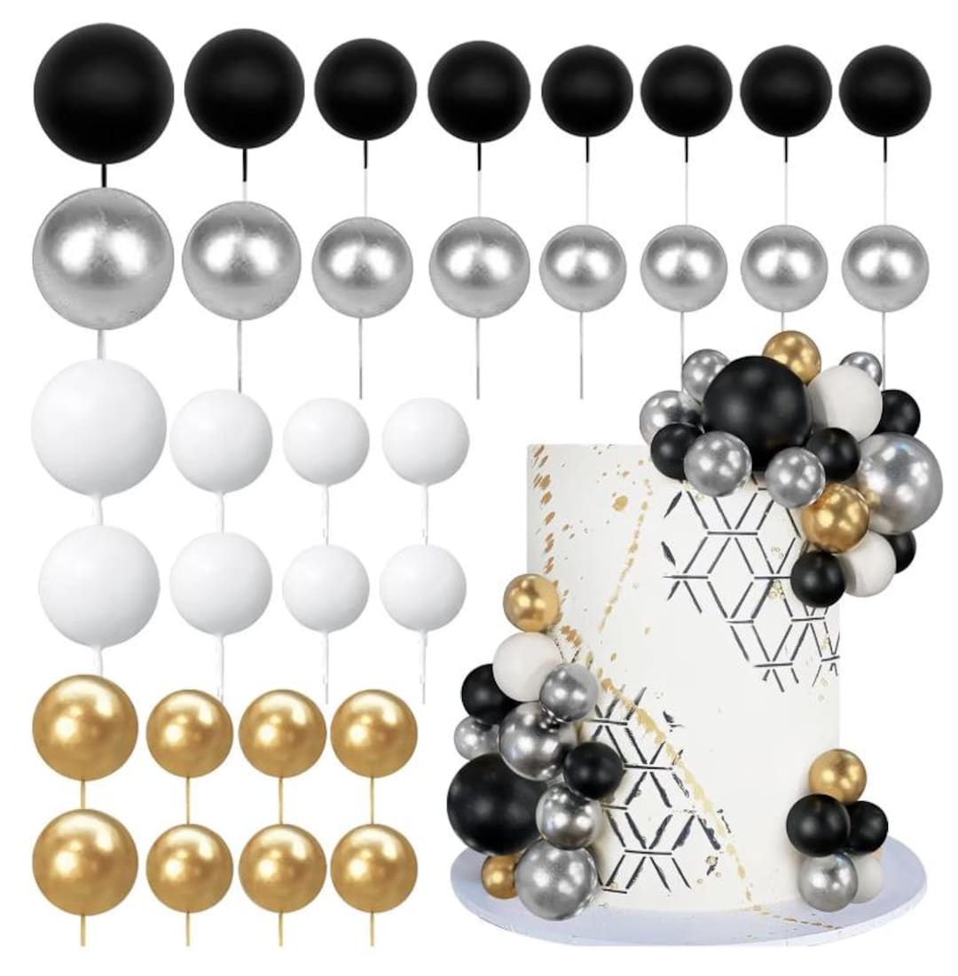 32pcs Mini Cake Toppers Black, Silver, Gold and White Foam Balls Cake ...