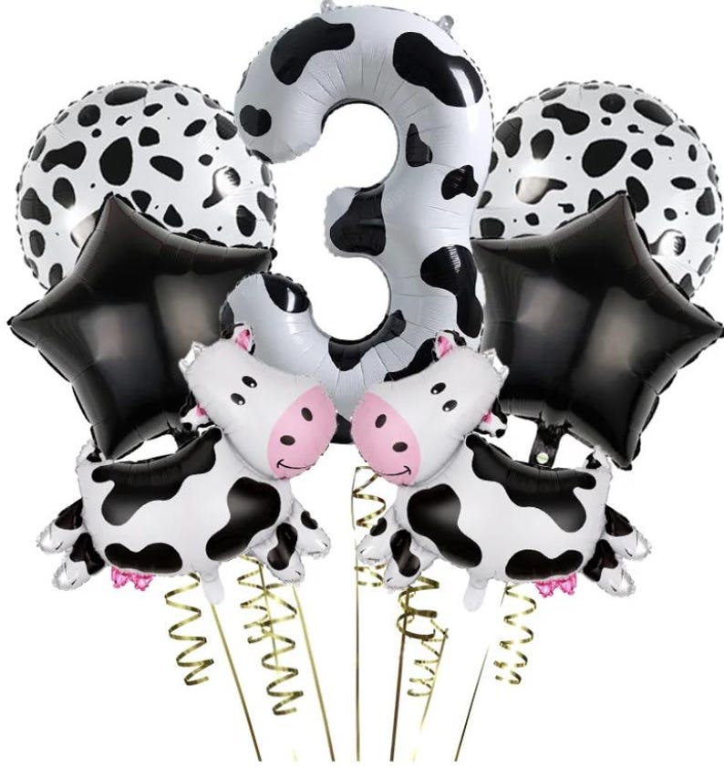 40" Inch Cow Print Black and White Number Foil Balloon Bouquet Bundle ...