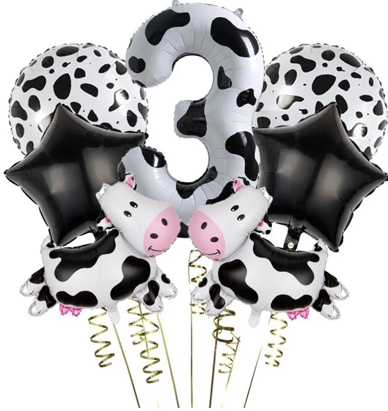40" Inch Cow Print Black and White Number Foil Balloon Bouquet Bundle ...