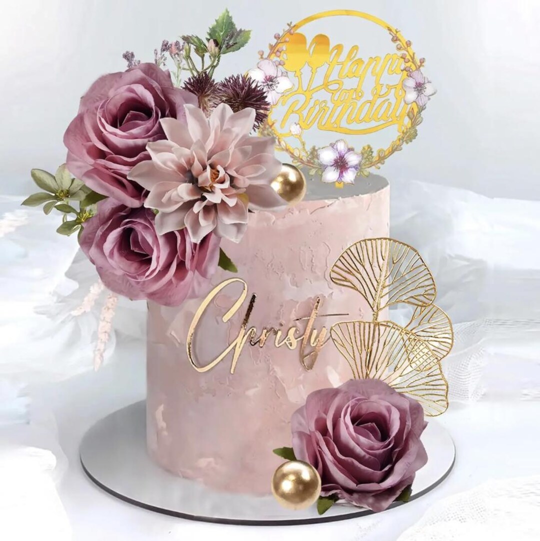 Floral Cake Topper Set: Pink, Purple & Gold Birthday Decorations - Etsy