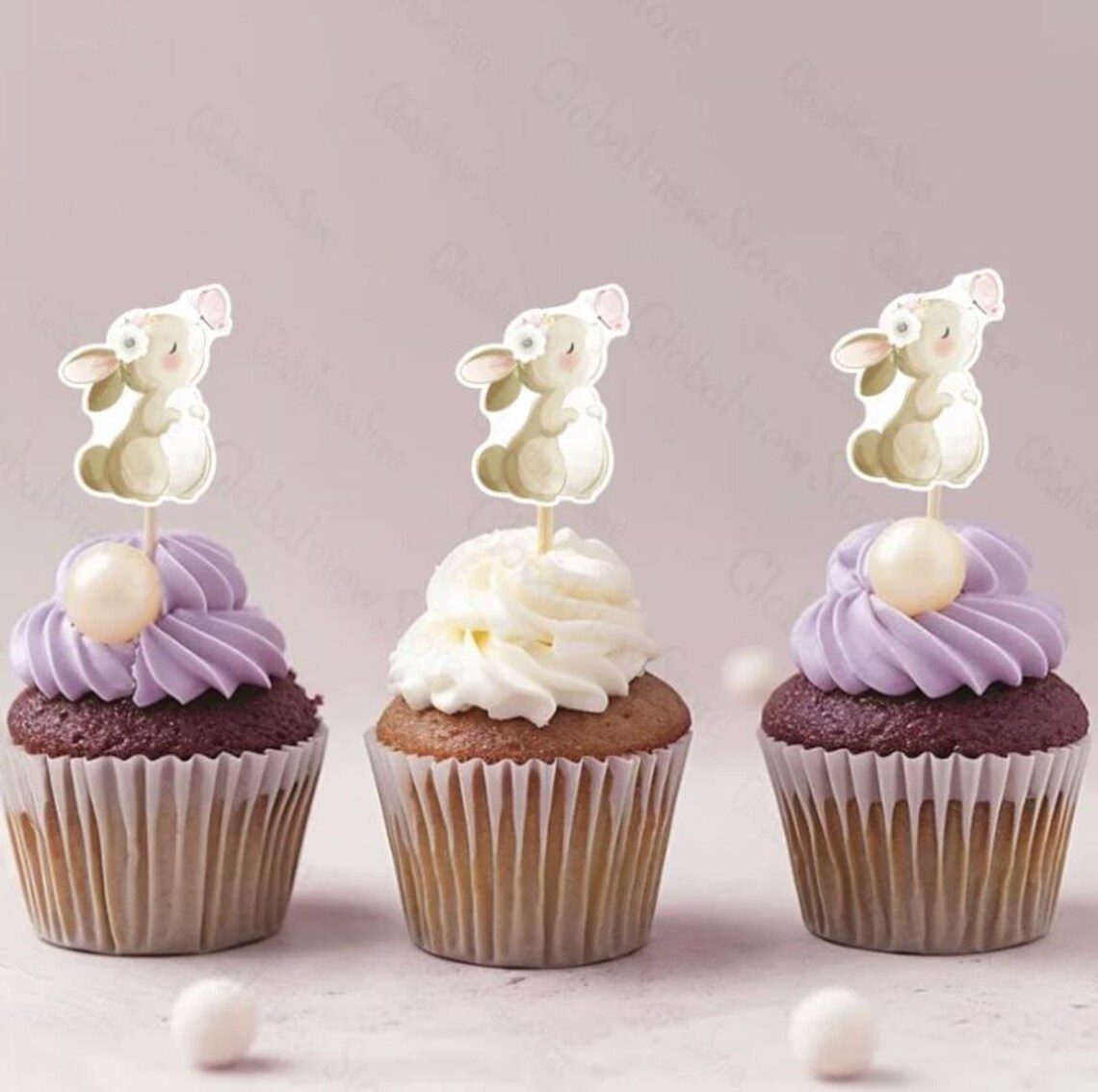 43pcs Mini Cake Toppers Pastel Pink and Gold Foam Balls and Cute Bunny ...
