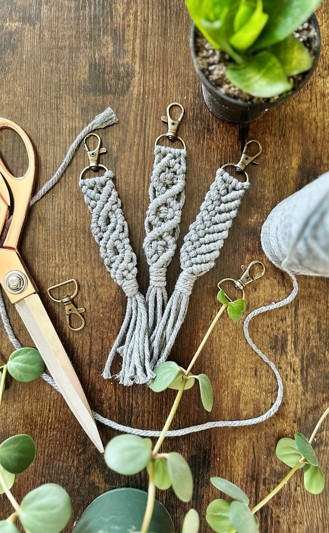 Set of 3 Gray Macrame Keychains, Boho Macrame Keychain Collection 3 ...