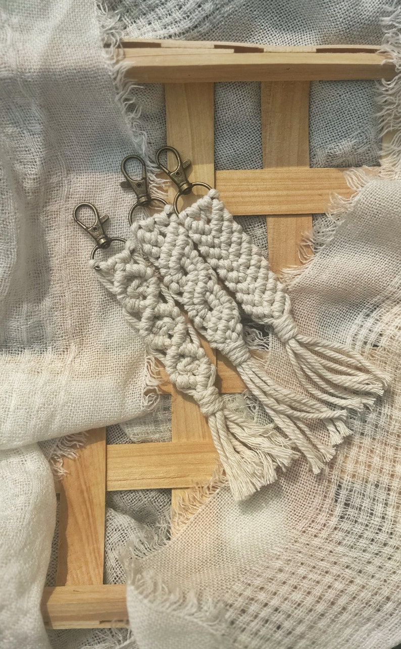 Set of 3 White Macrame Keychains, Boho Macrame Keychain Collection 3 Pack, Neutral Macrame ...