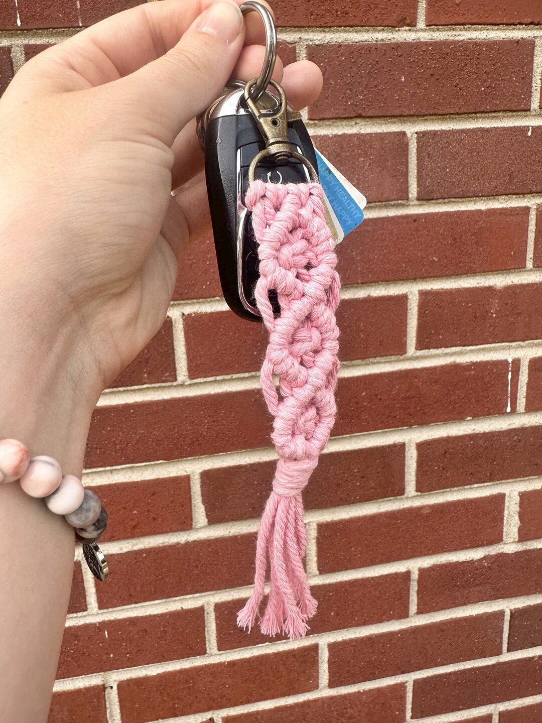 Light Pink Diamond Pattern Macrame Keychain, Handmade Macrame Keychain ...