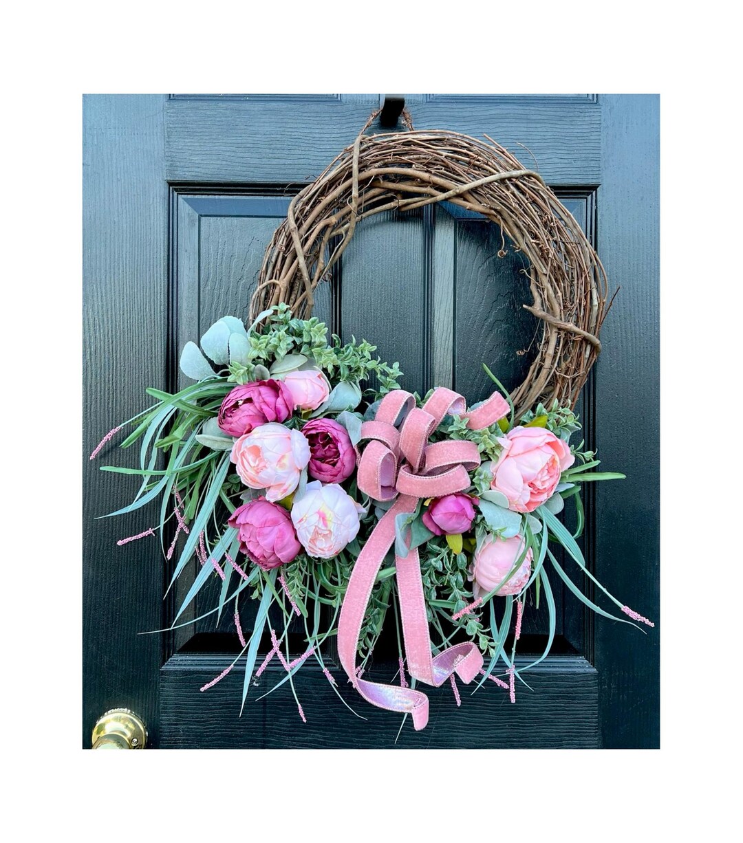Spring Peony Wreath for Front Door, Summer Lambs Ear Pink Floral ...