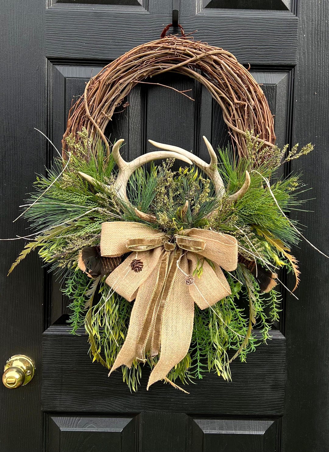 Antler Woodlands Wreath for Front Door, Fall Rustic Hunters Feather ...