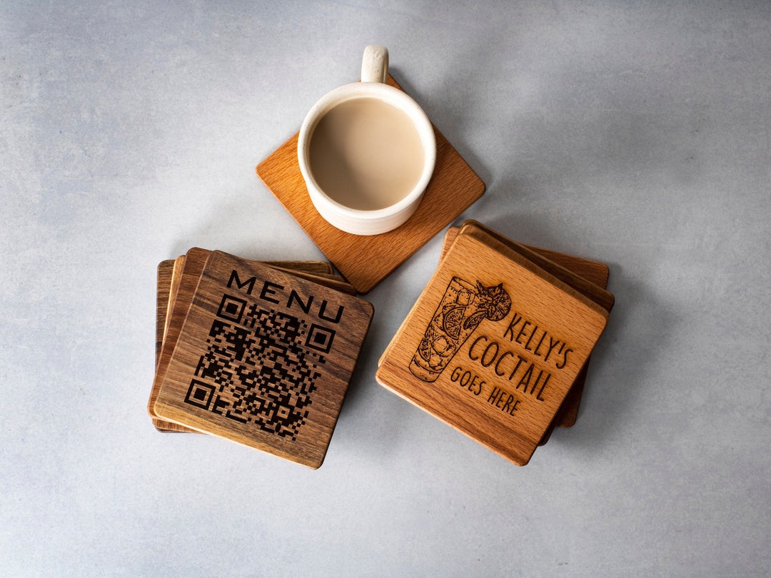 Restaurant Menu, Custom Qr Code, Qr Code Sign, Coaster Set, Wood ...