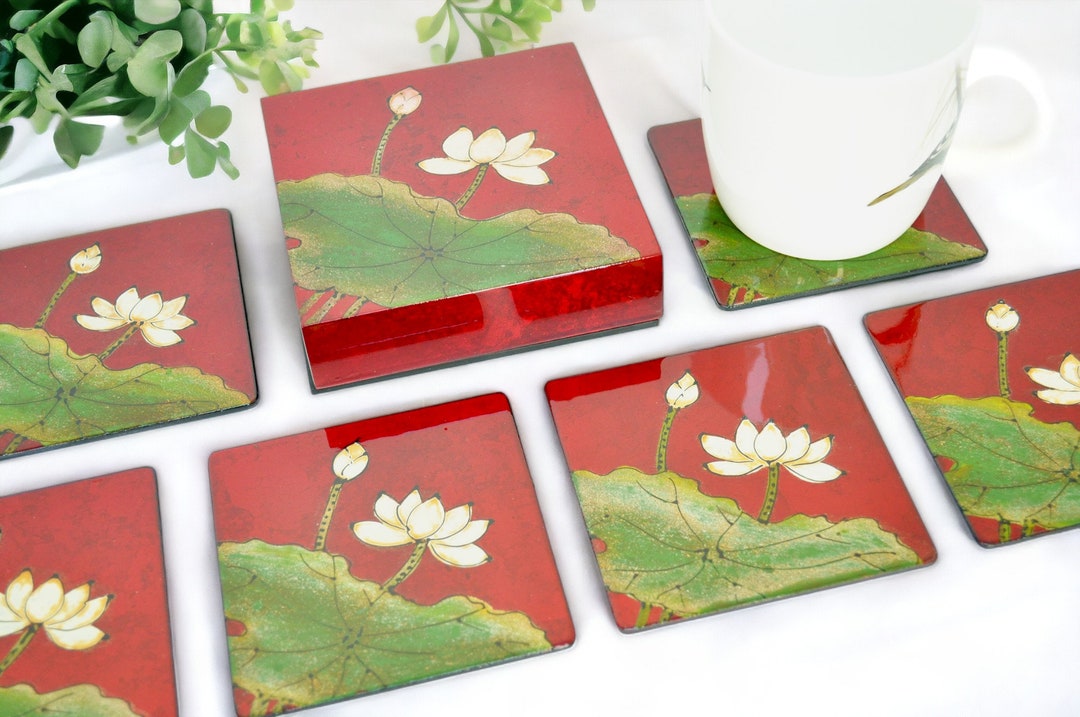 Hand-painted Lacquer Coaster Set, Silver Leaf Lotus Flower Design - Etsy
