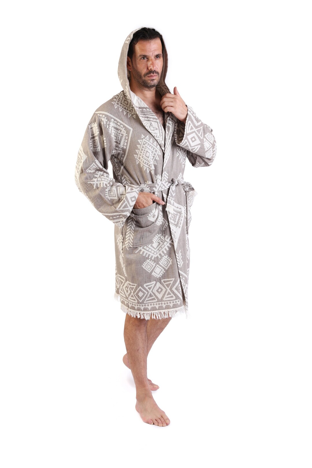 EMERALD - Light Brown Ethnic Pattern Lightweight Mens Robe, Kimono ...