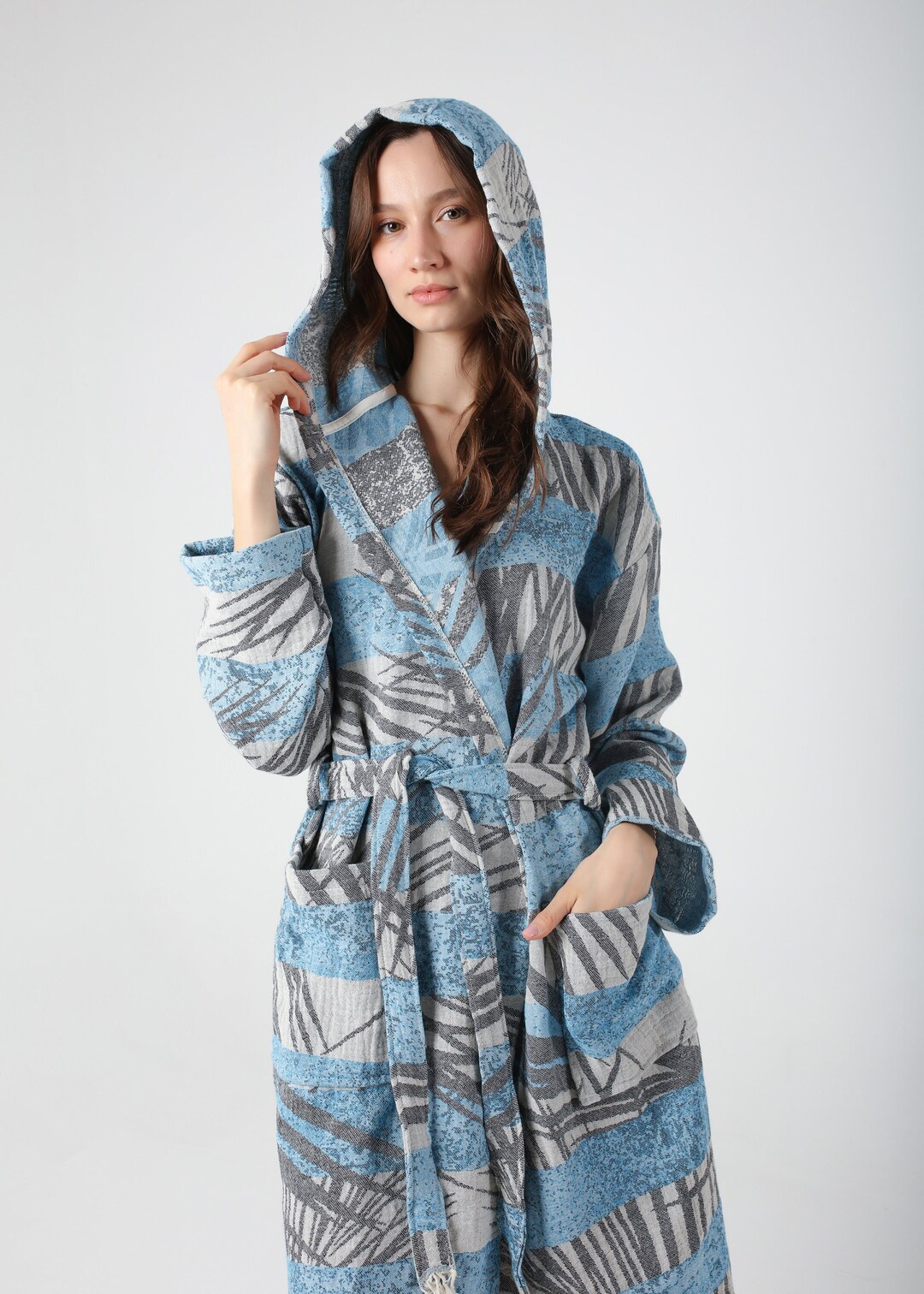 Blue Palm Jacquard Turkish Cotton Robe for Women, Lightweight Dressing ...