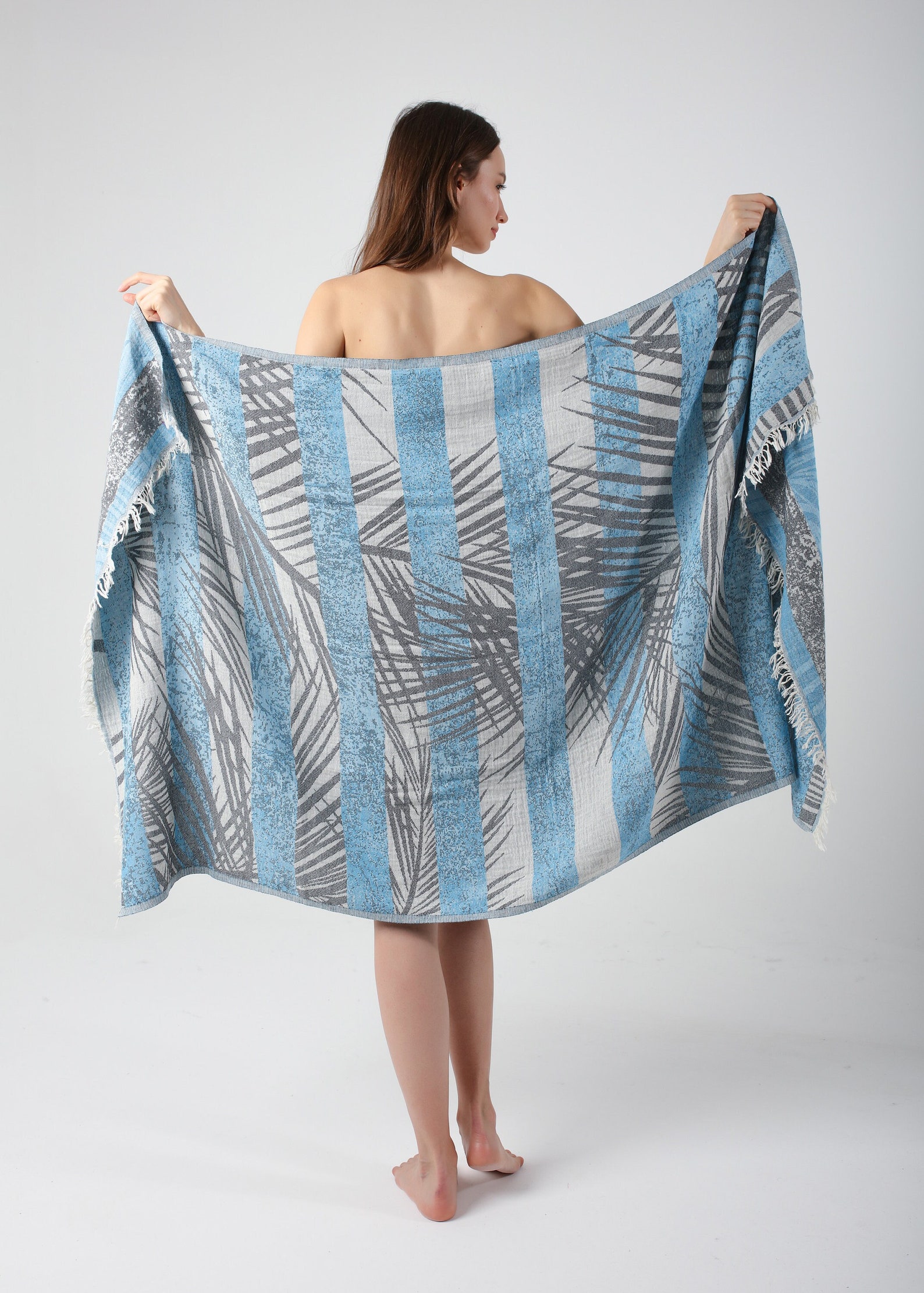 Blue Palm Jacquard Turkish Cotton Beach Cover up Towel, Beach Blanket ...