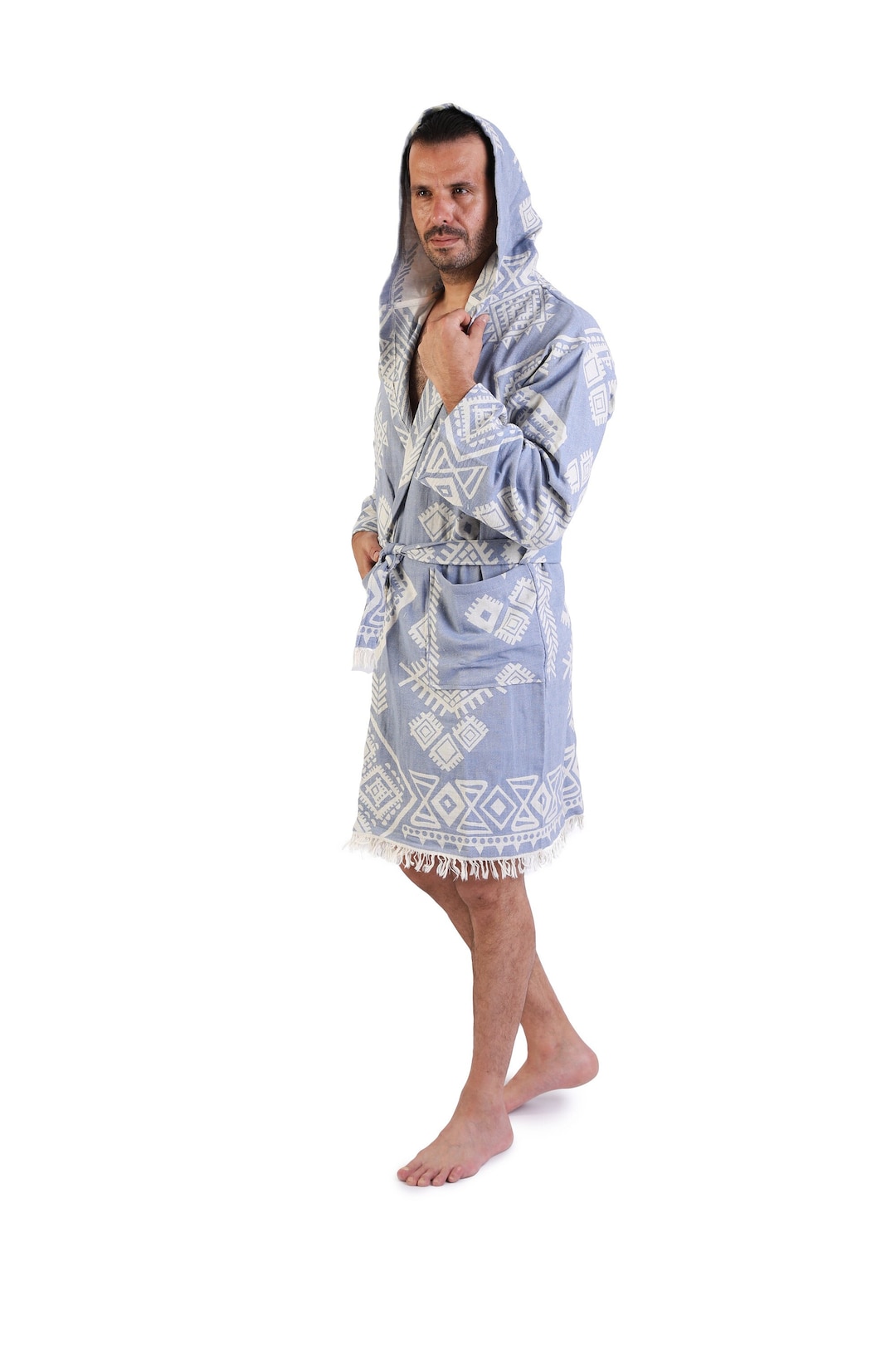 EMERALD - Light Blue Ethnic Pattern Lightweight Mens Robe, Kimono Robes ...