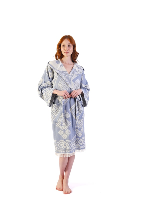 EMERALD Light Blue Ethnic Pattern Turkish Cotton Robe - Etsy
