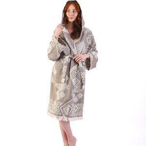 EMERALD - Light Brown Ethnic Pattern Turkish Cotton Robe, Personalized ...