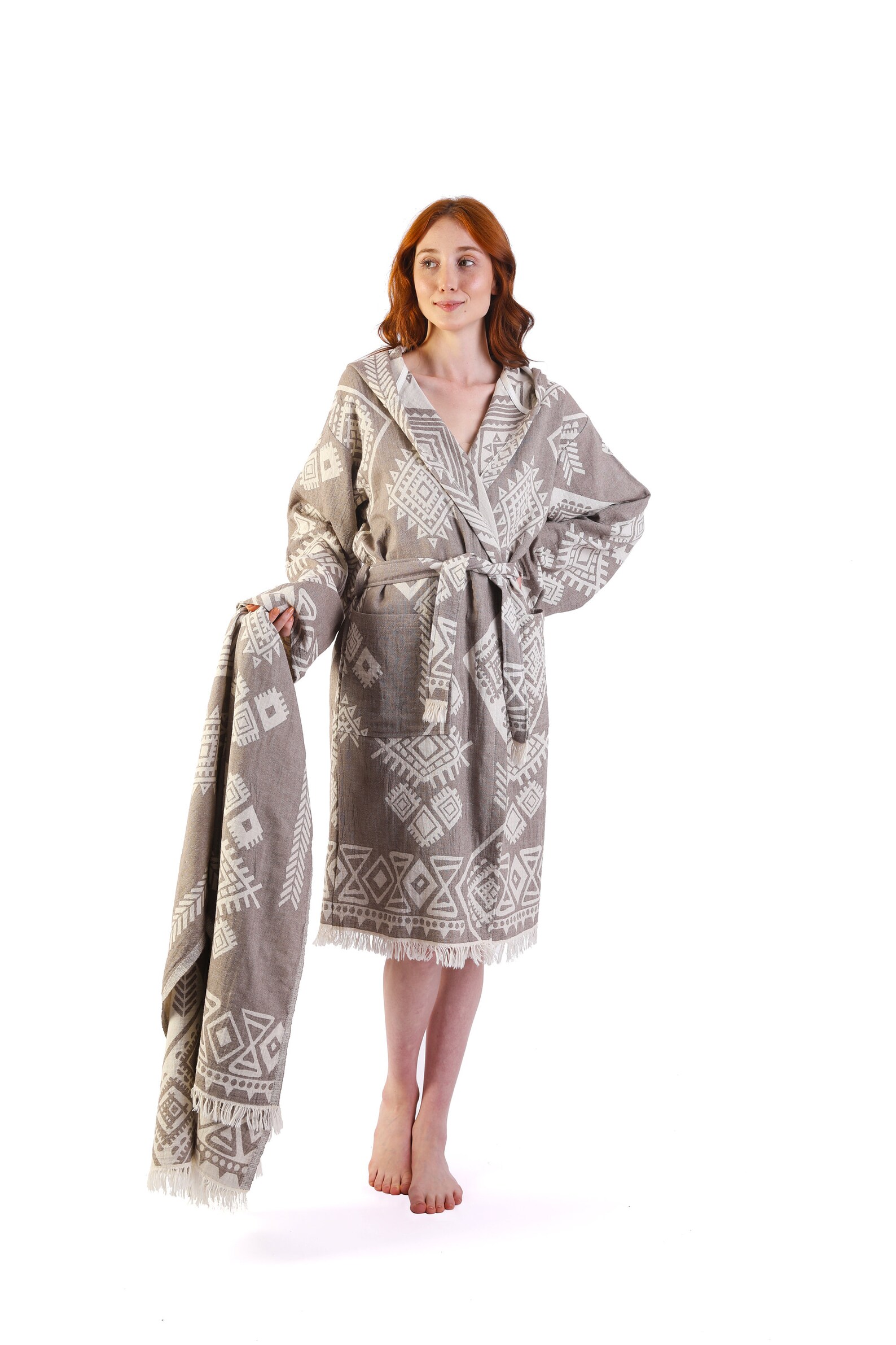 EMERALD Light Brown Ethnic Pattern Turkish Cotton Robe, Personalized ...