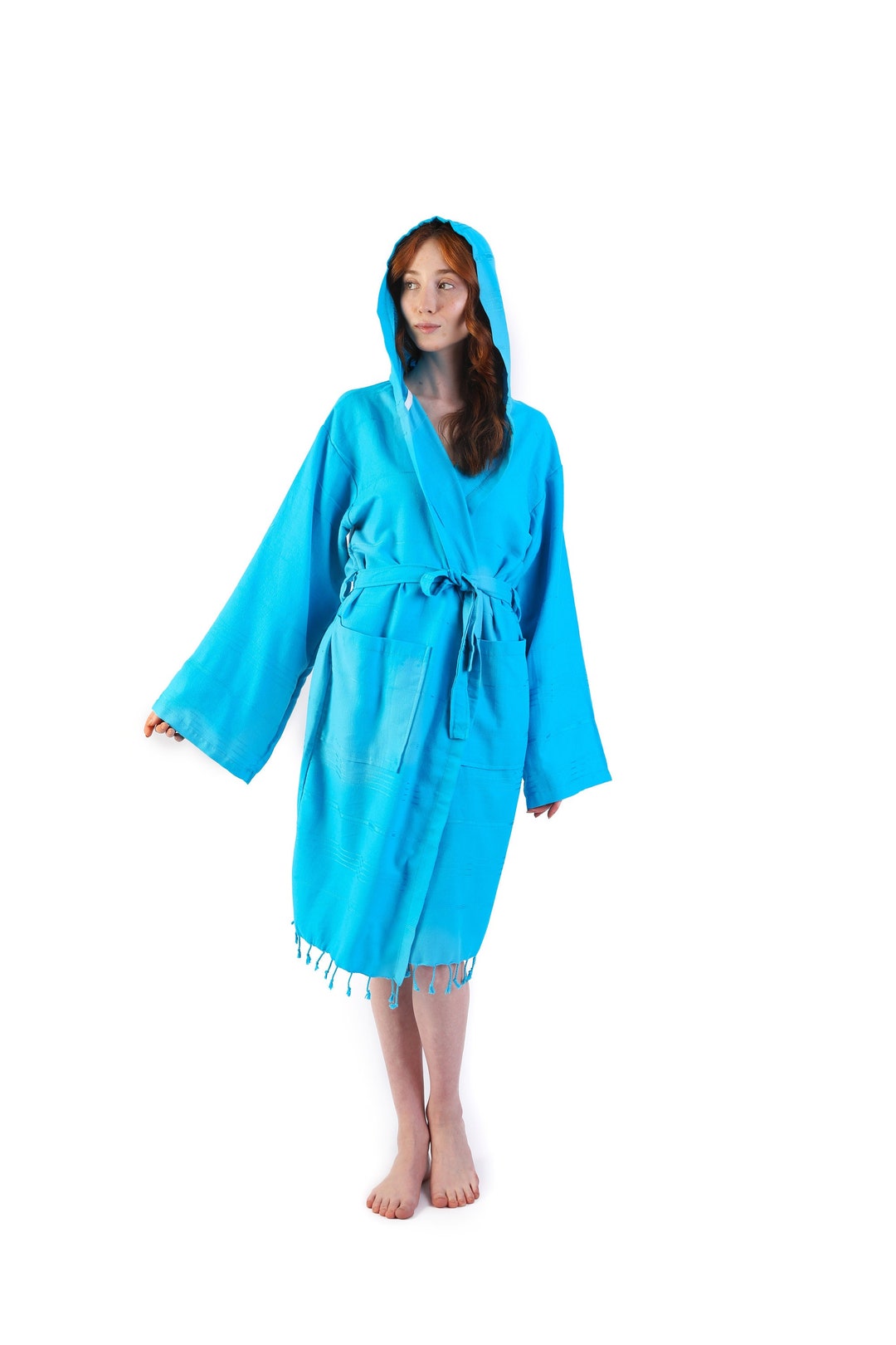 Aqua Blue Turkish Cotton Women Robe, Dressing Gown, Personalized Cotton ...