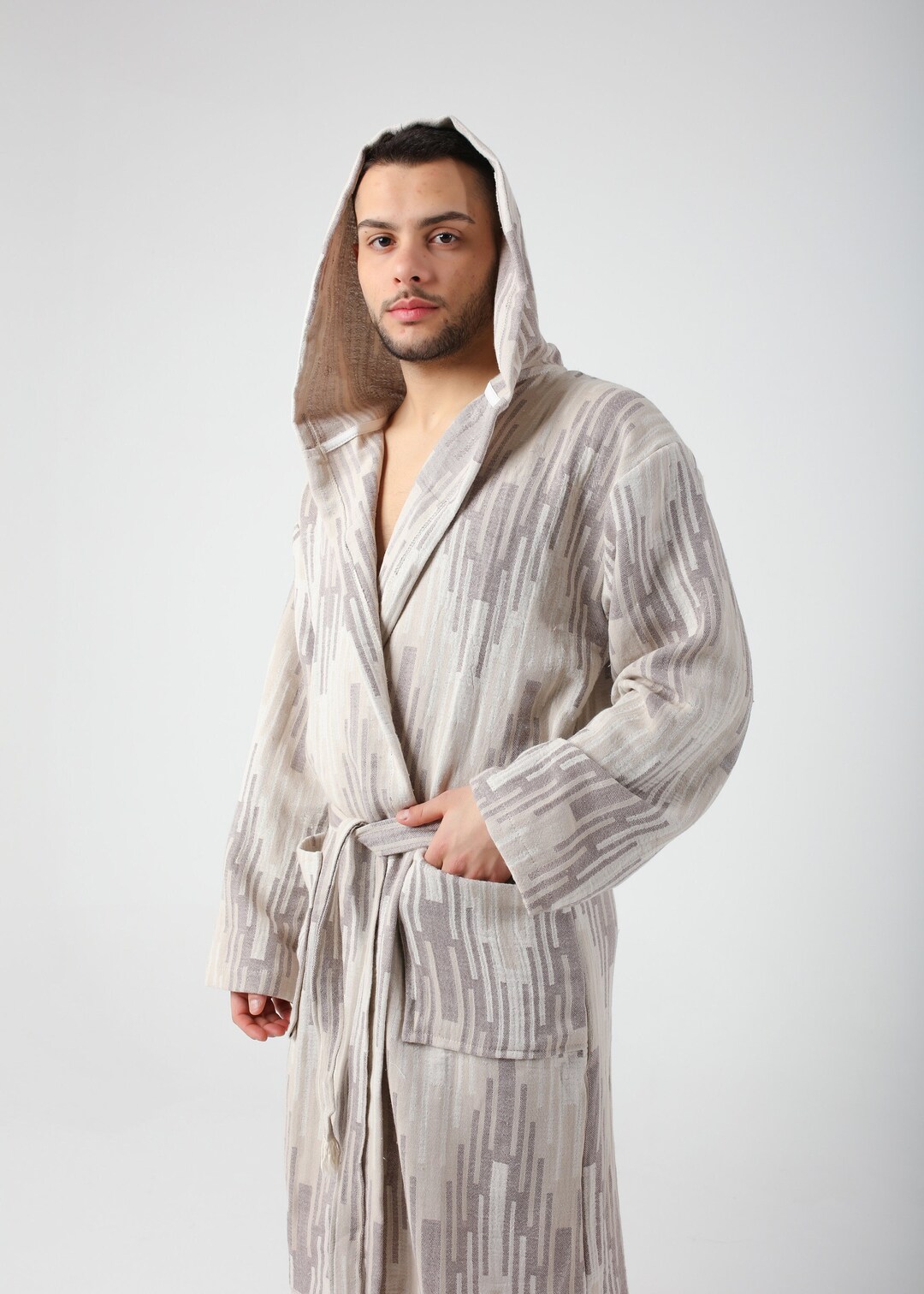 Light Brown Marrakesh Pattern Mens Robes, Turkish Cotton Robe for Men ...