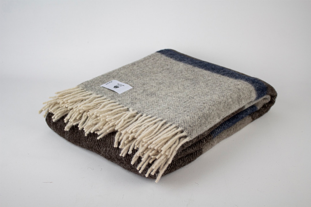 Brown- Dark Blue- Gray Striped Wool Blanket: Vintage Style Throw - Etsy