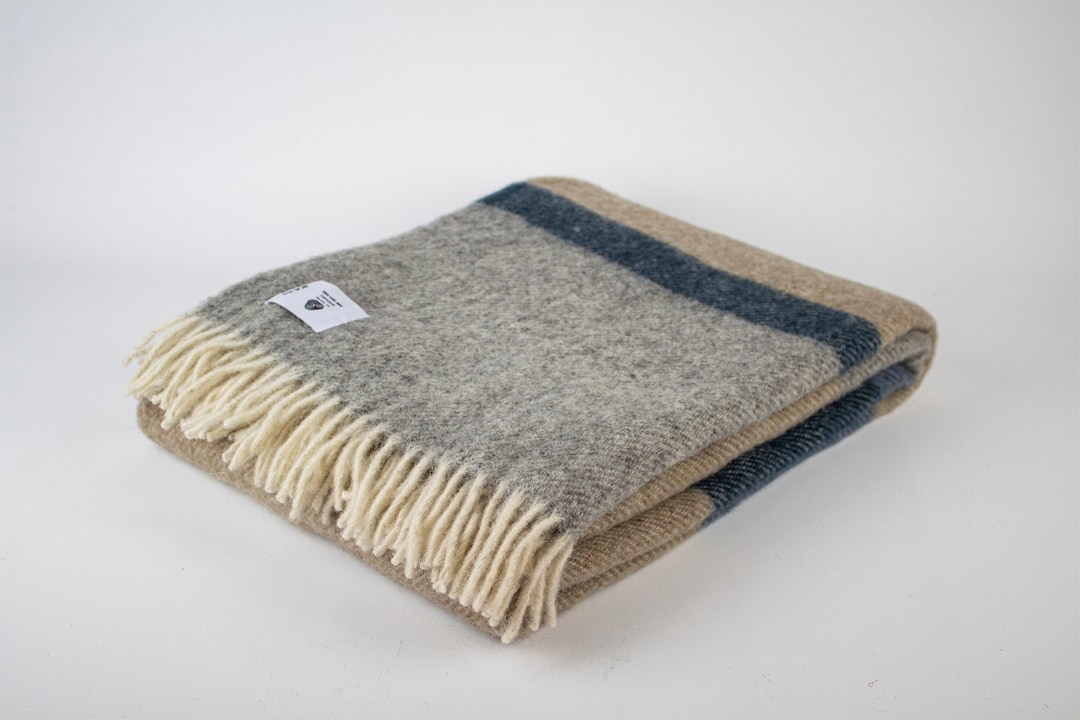 Beige- Blue- Gray New Wool Throw Blanket, Pure 100% Wool Blanket, Warm ...