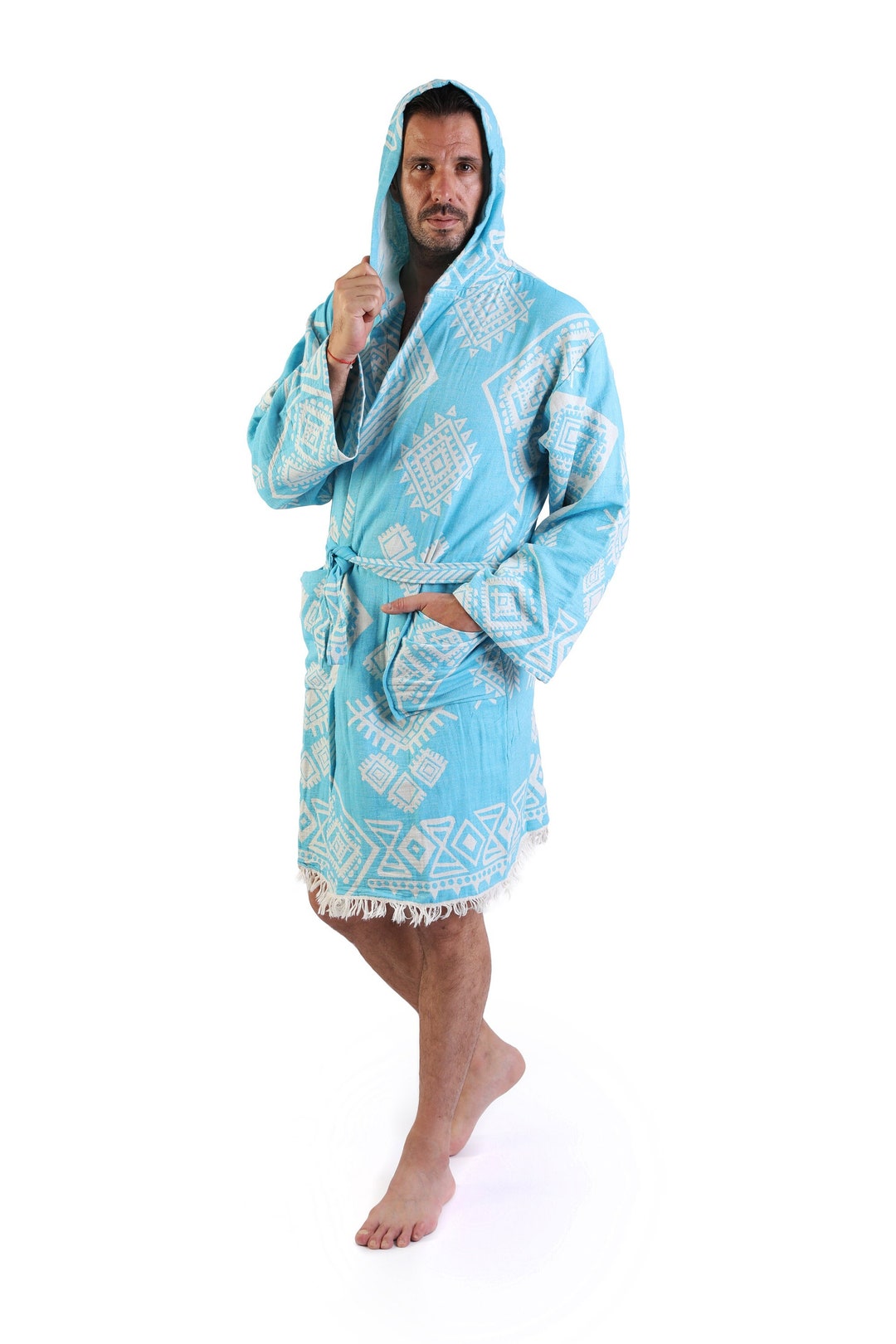 EMERALD - Aqua Blue Ethnic Pattern Lightweight Mens Robe, Kimono Robes ...