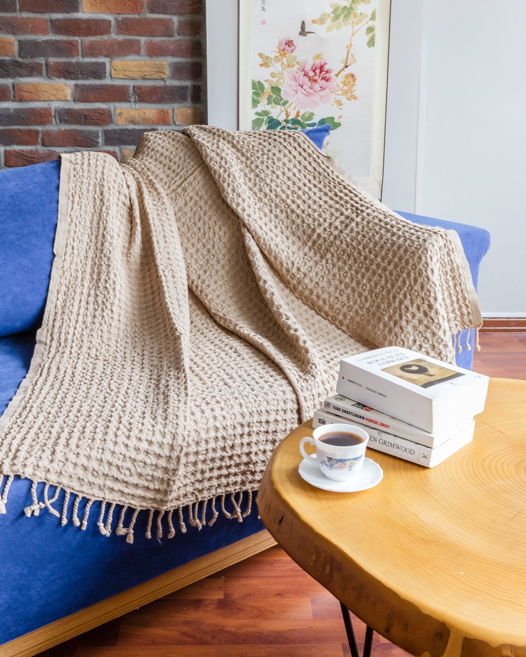 Beige Big Waffle High Quality Turkish Cotton Throw Blanket, Couch Throw ...