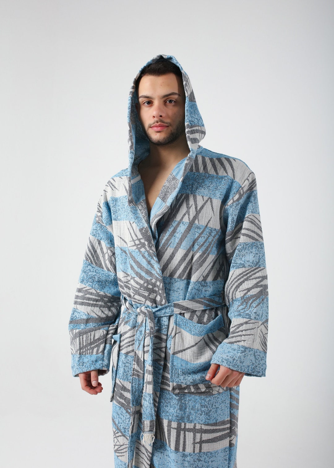 Blue Palm Jacquard Turkish Cotton Robe for Men, Lightweight Dressing ...