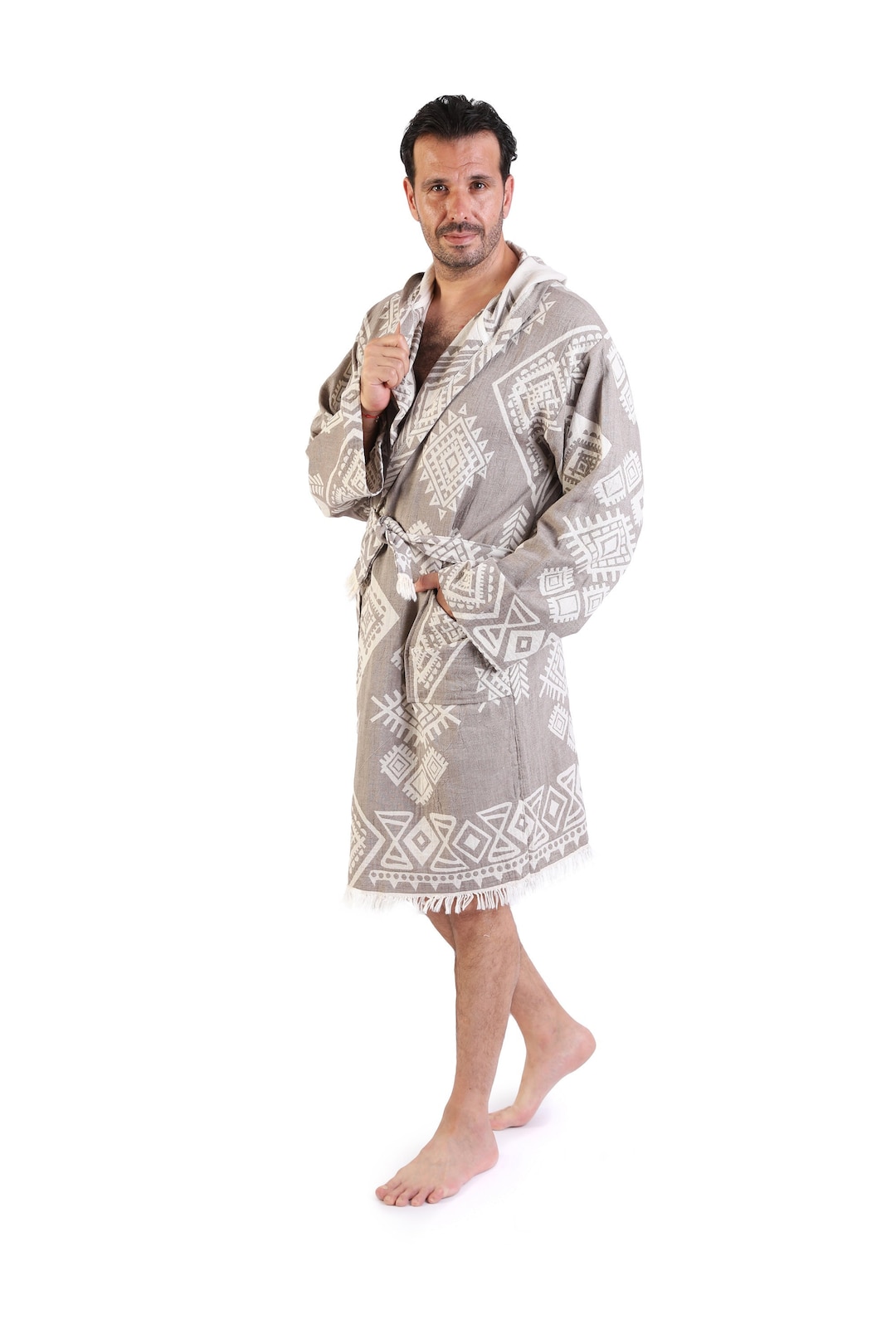 Personalized Light Brown Ethnic Pattern Lightweight Turkish Cotton Robe ...